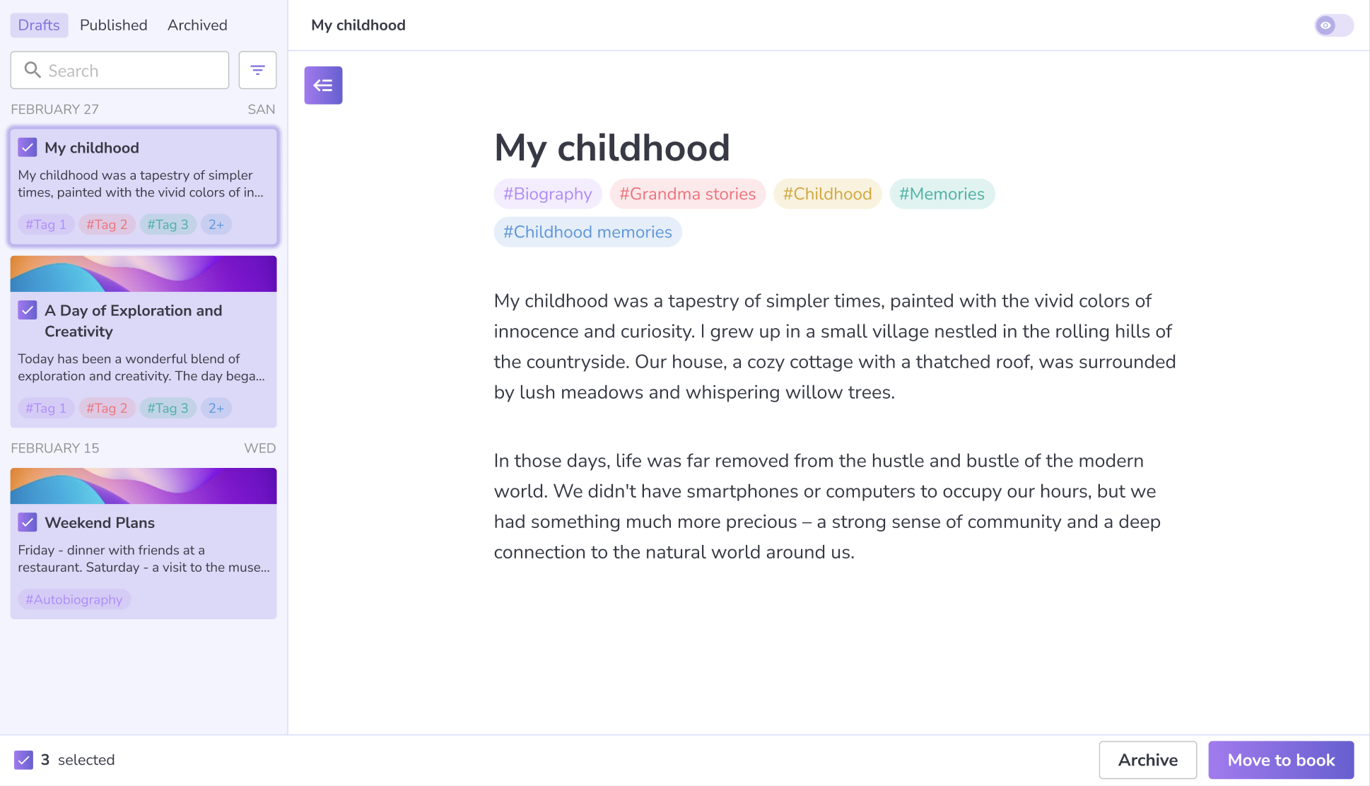 My stories Guide - Memory Hive